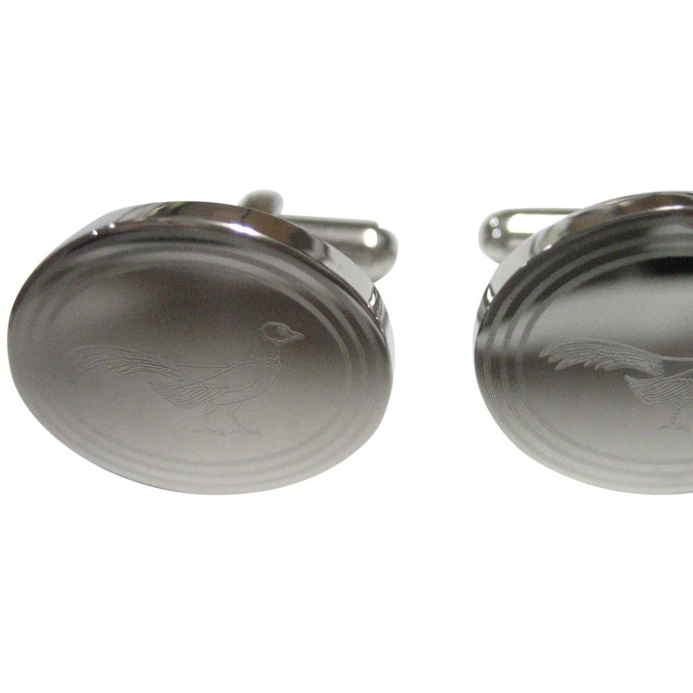 Silver Toned Oval Etched Pheasant Bird Cufflinks - Gem